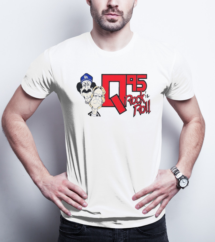 Q95 Rock 'n Roll Characters Wearing LA Dodgers Hat T-Shirt