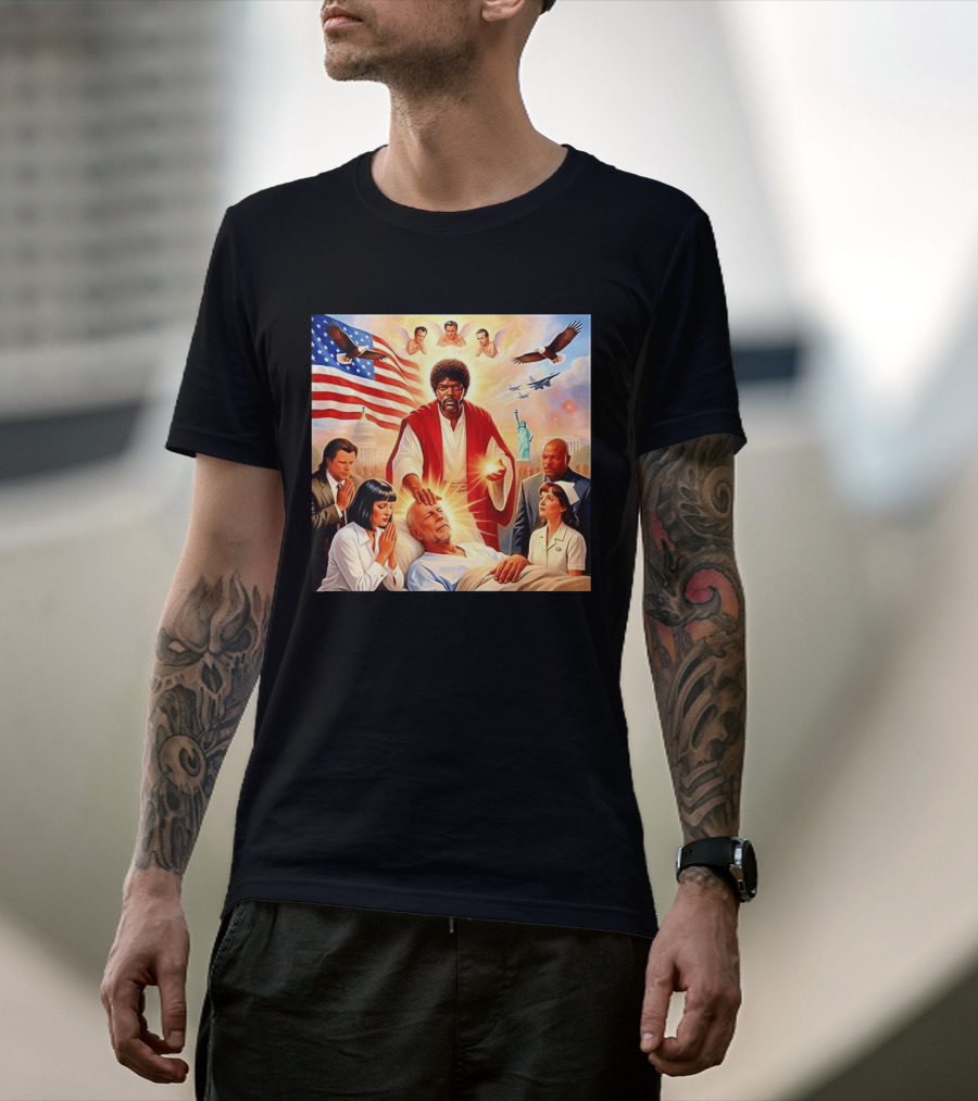 Samuel L. Jackson Exorcism Scene With Bruce Willis And US Patriotic Elements Meme T-Shirt