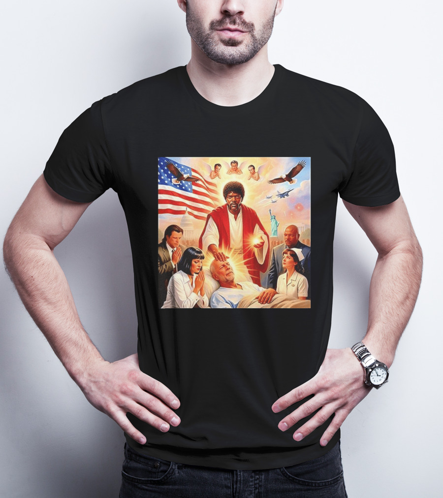 Samuel L. Jackson Exorcism Scene With Bruce Willis And US Patriotic Elements Meme T-Shirt