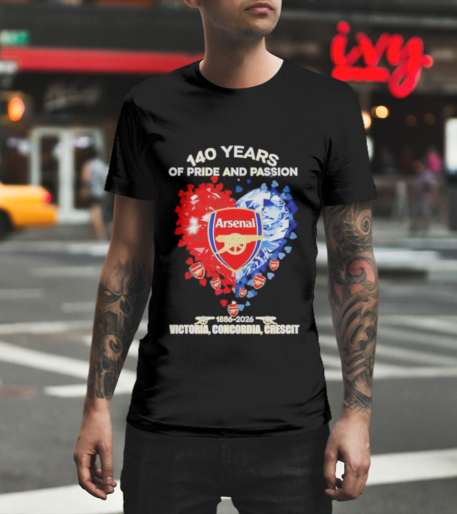 Arsenal 140 Years Of Pride And Passion Victoria Concordia Crescit 1886 2026 Heart Badge Crest T-Shirt