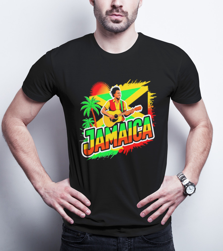 Jamaica Musician 2026 Vibrant Island Vibes Guitarist Flag T-Shirt