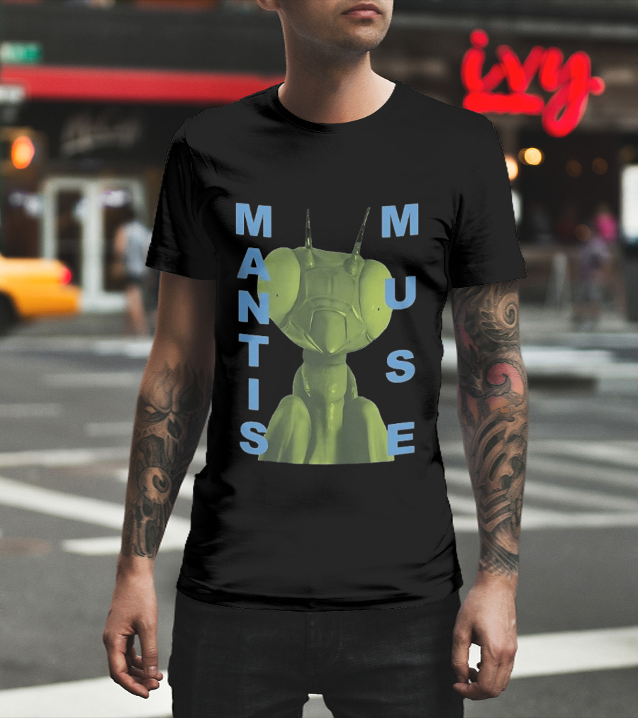 David Shrigley Mantis Muse Green Illustration With Blue T-Shirt