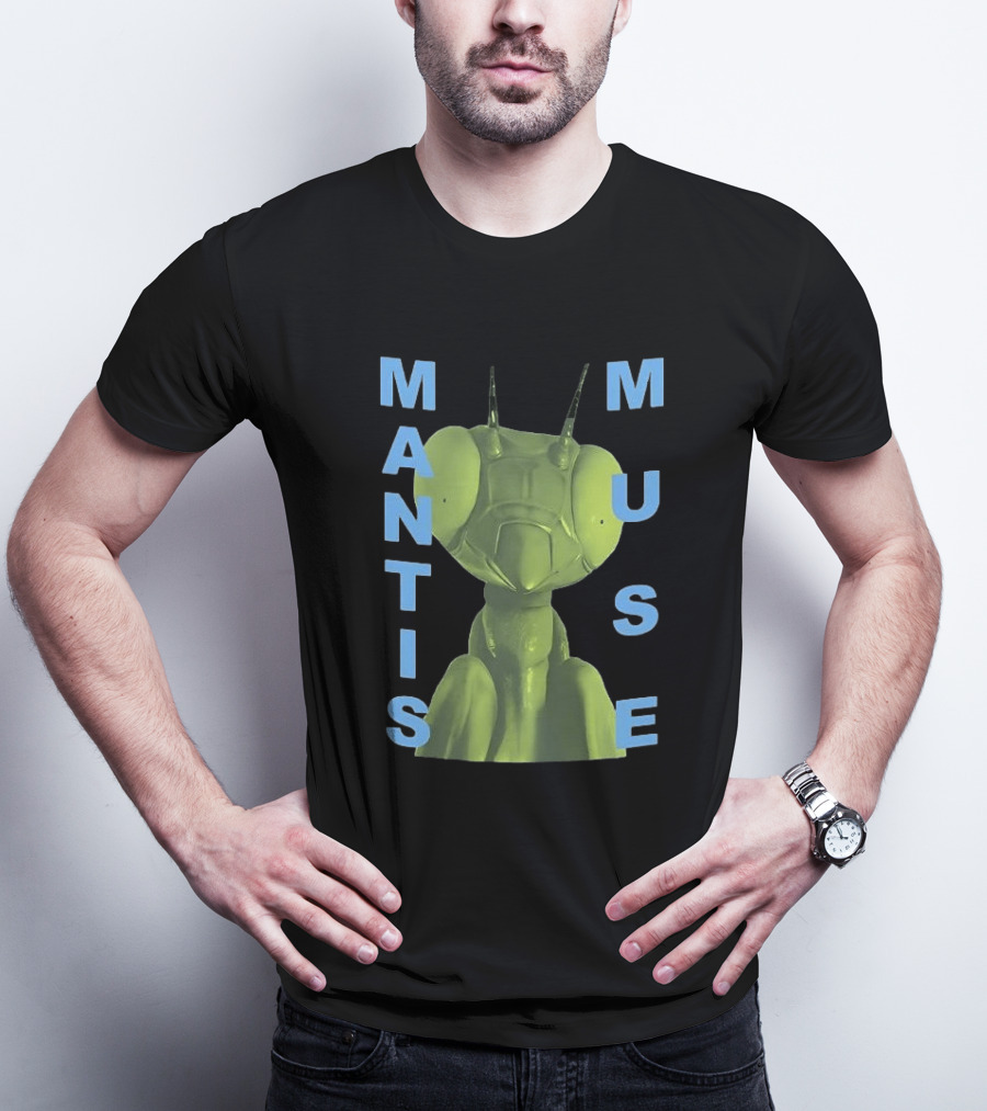 David Shrigley Mantis Muse Green Illustration With Blue T-Shirt
