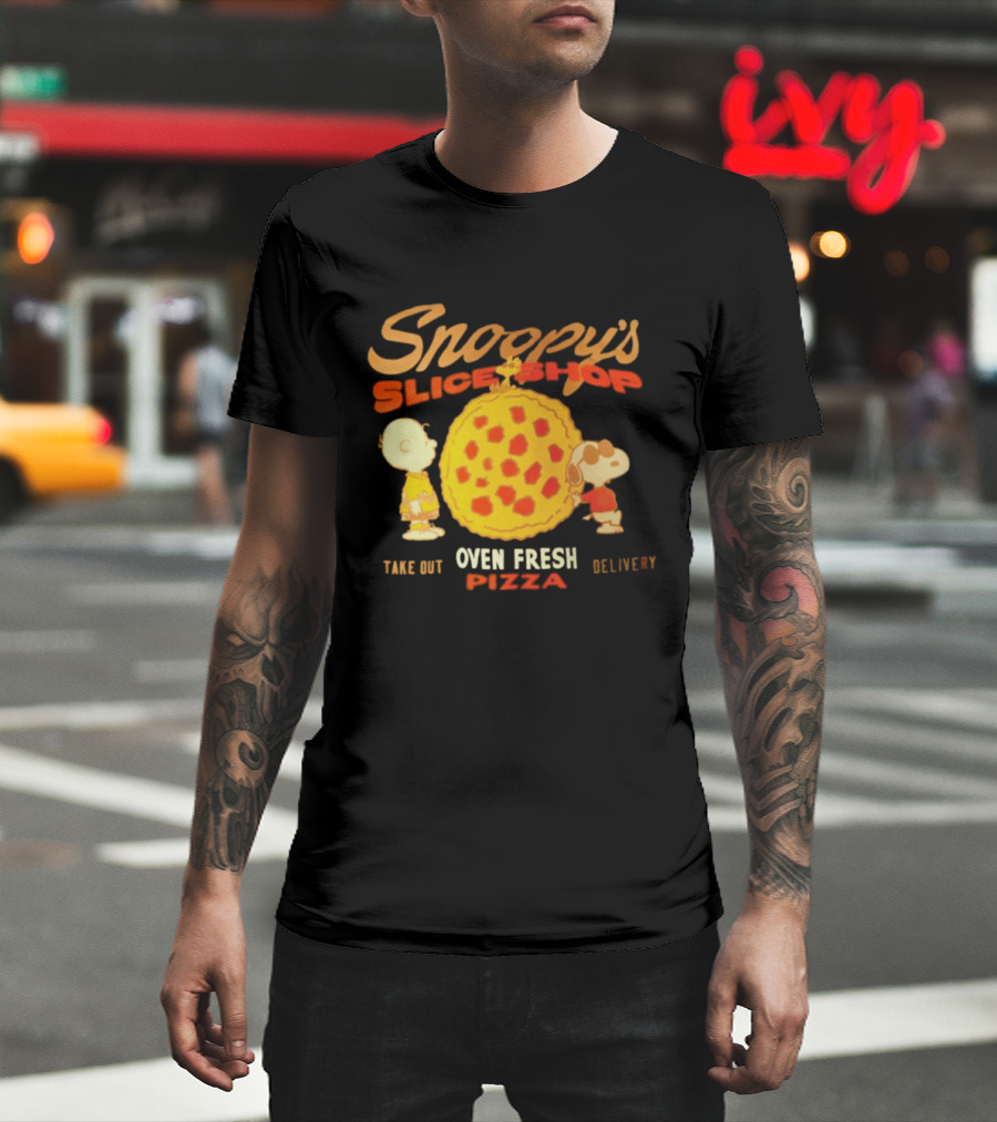 Snoopy's Slice Shop Oven Fresh Pizza Take Out Delivery T-Shirt