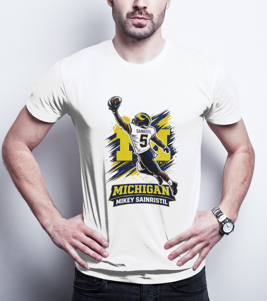 Michigan Mikey Sainristil Catching Football Wolverines Player T-Shirt