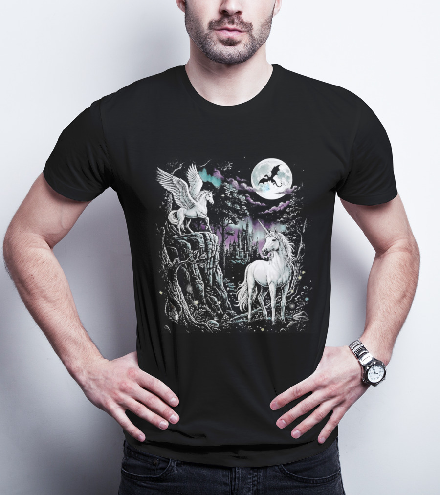 Fantasy Unicorn Neon Galaxy Moonlight Enchantment T-Shirt