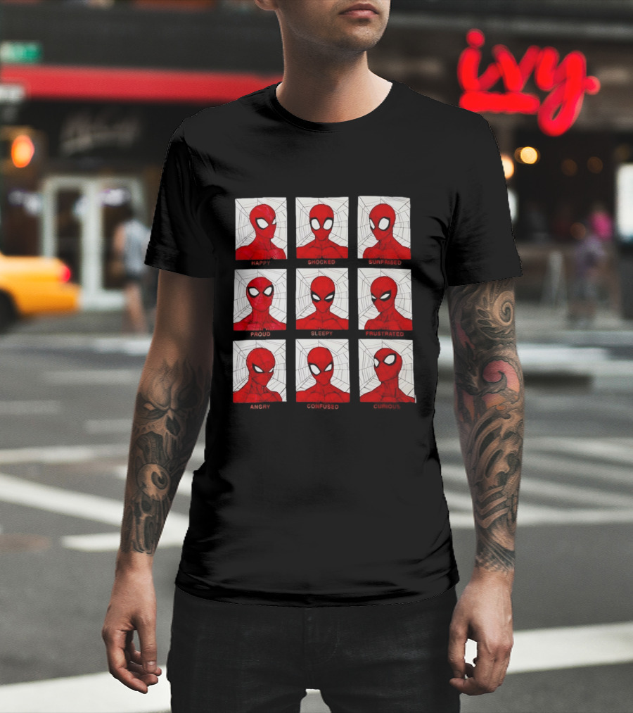 Spider Man Emotional States Happy Shocked Surprised Proud Sleepy Frustrated Angry Confused Curious T-Shirt