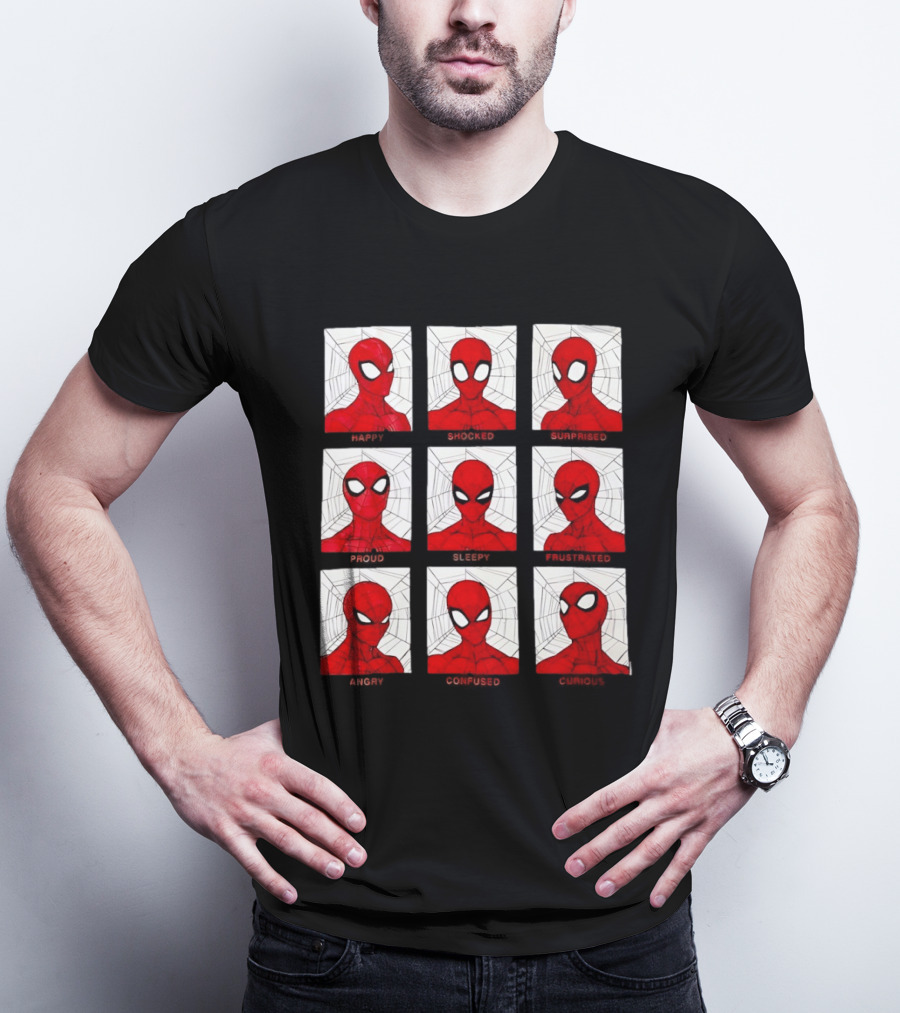 Spider Man Emotional States Happy Shocked Surprised Proud Sleepy Frustrated Angry Confused Curious T-Shirt