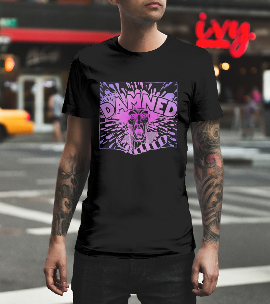 THE DAMNED Horror Face Neon Splatter Purple Black T-Shirt