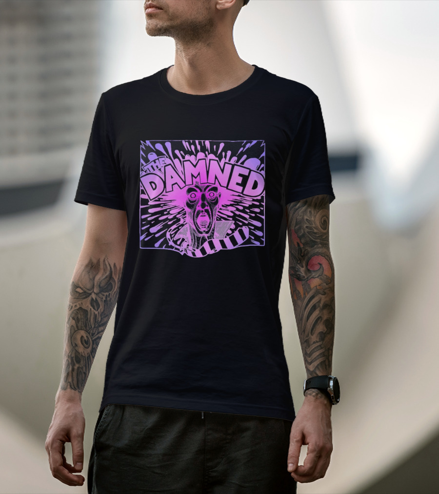 THE DAMNED Horror Face Neon Splatter Purple Black T-Shirt