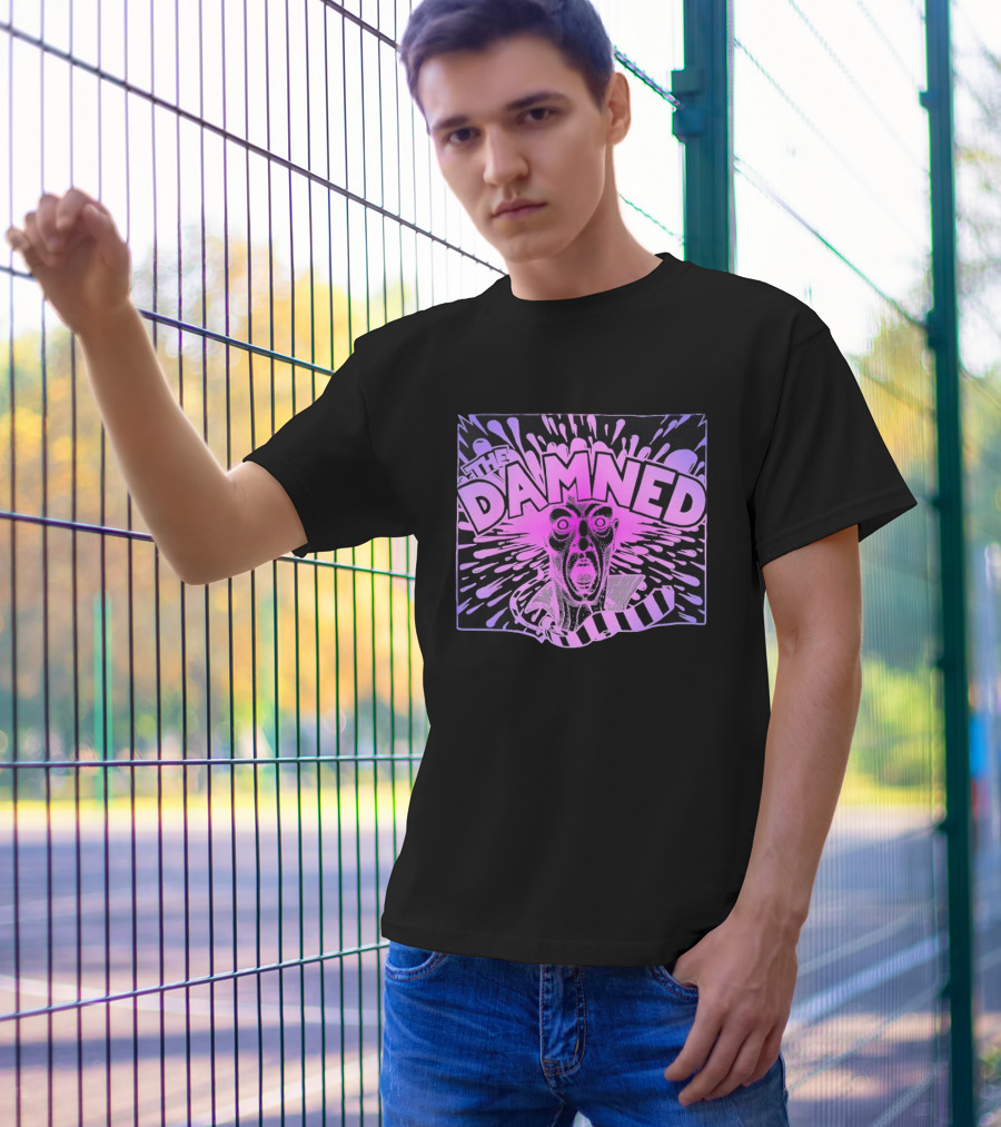 THE DAMNED Horror Face Neon Splatter Purple Black T-Shirt