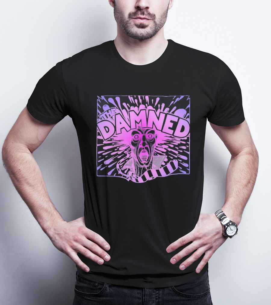 THE DAMNED Horror Face Neon Splatter Purple Black T-Shirt