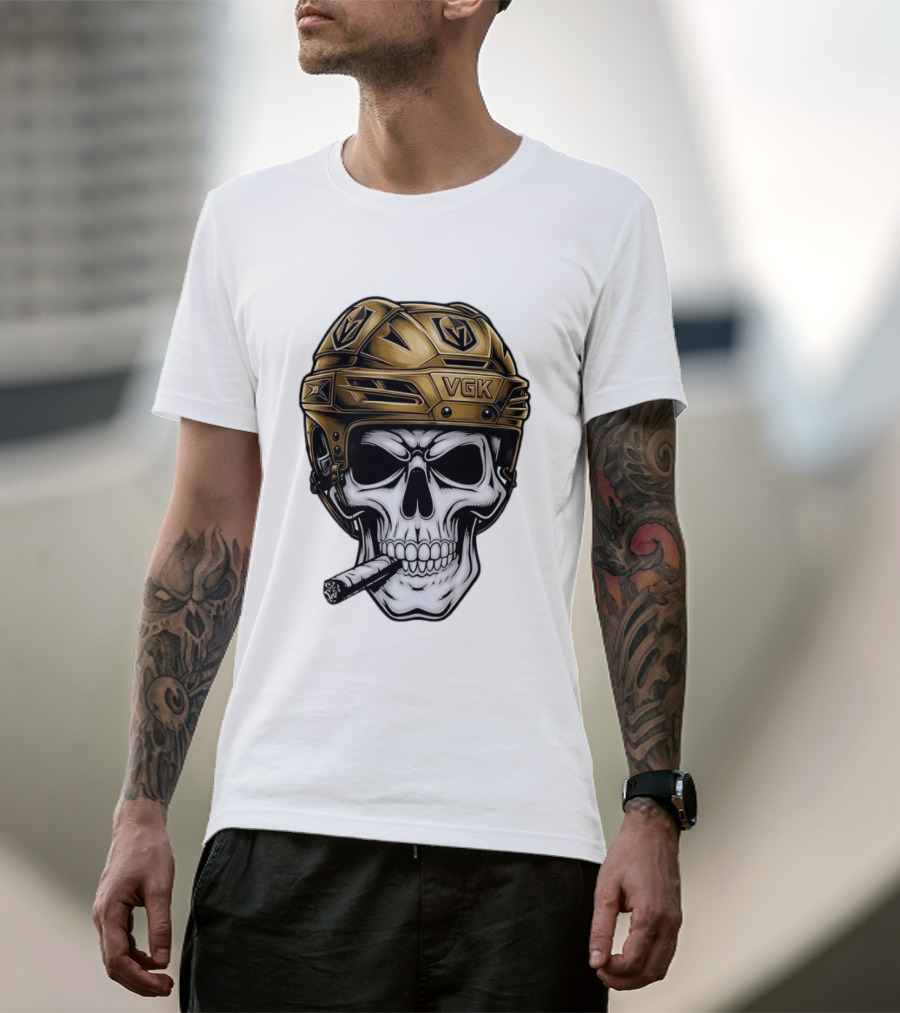 VGK Skull Helmet Vegas Golden Knights Smoking Cigar T-Shirt