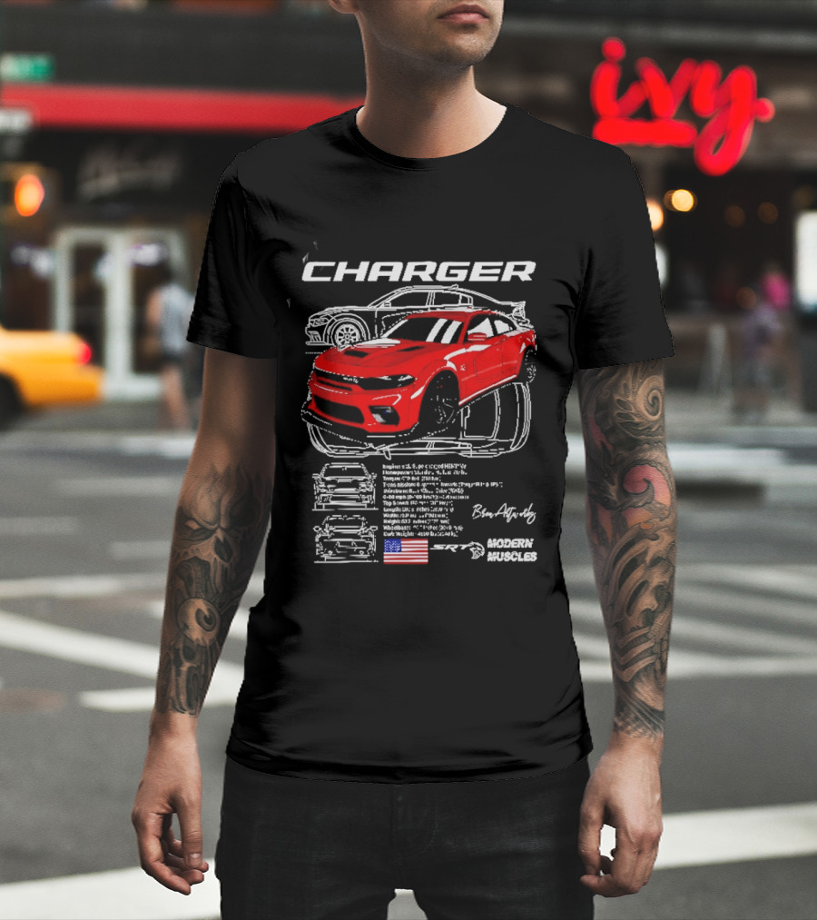 Dodge Charger Hellcat Red Modern Muscles Blueprint USA Flag T-Shirt