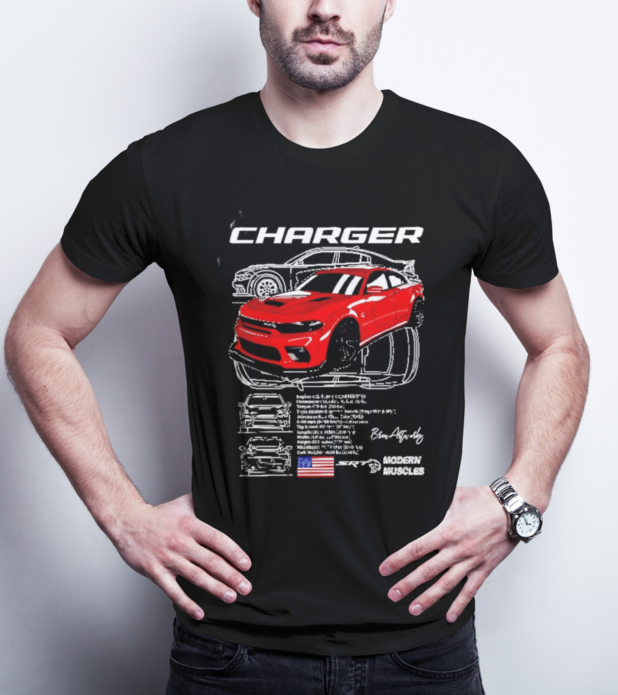Dodge Charger Hellcat Red Modern Muscles Blueprint USA Flag T-Shirt