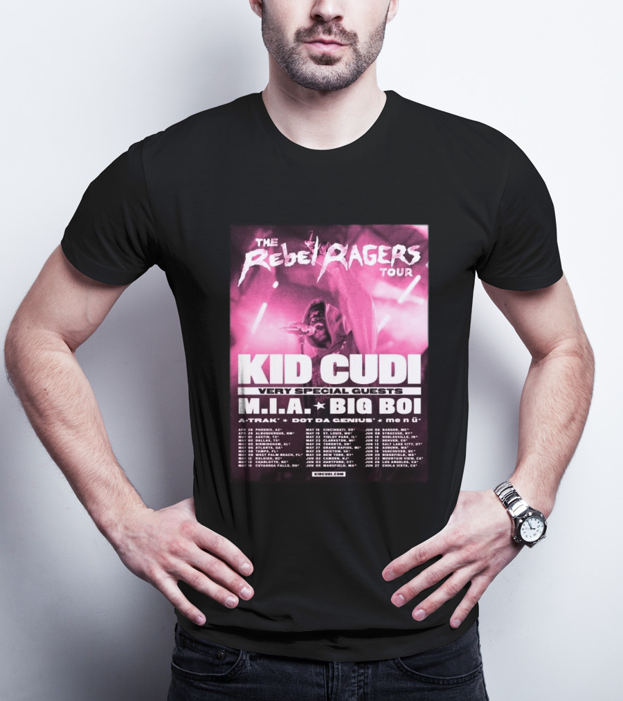 The Rebel Ragers Tour Kid Cudi 2026 Featuring M.I.A. Big Boi A Trak Dot Da Genius Tour Dates T-Shirt