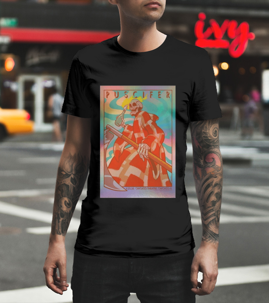 Puscifer 4.25.26 Chicago Theatre IL Skeleton Robe Checkerboard Psychedelic T-Shirt