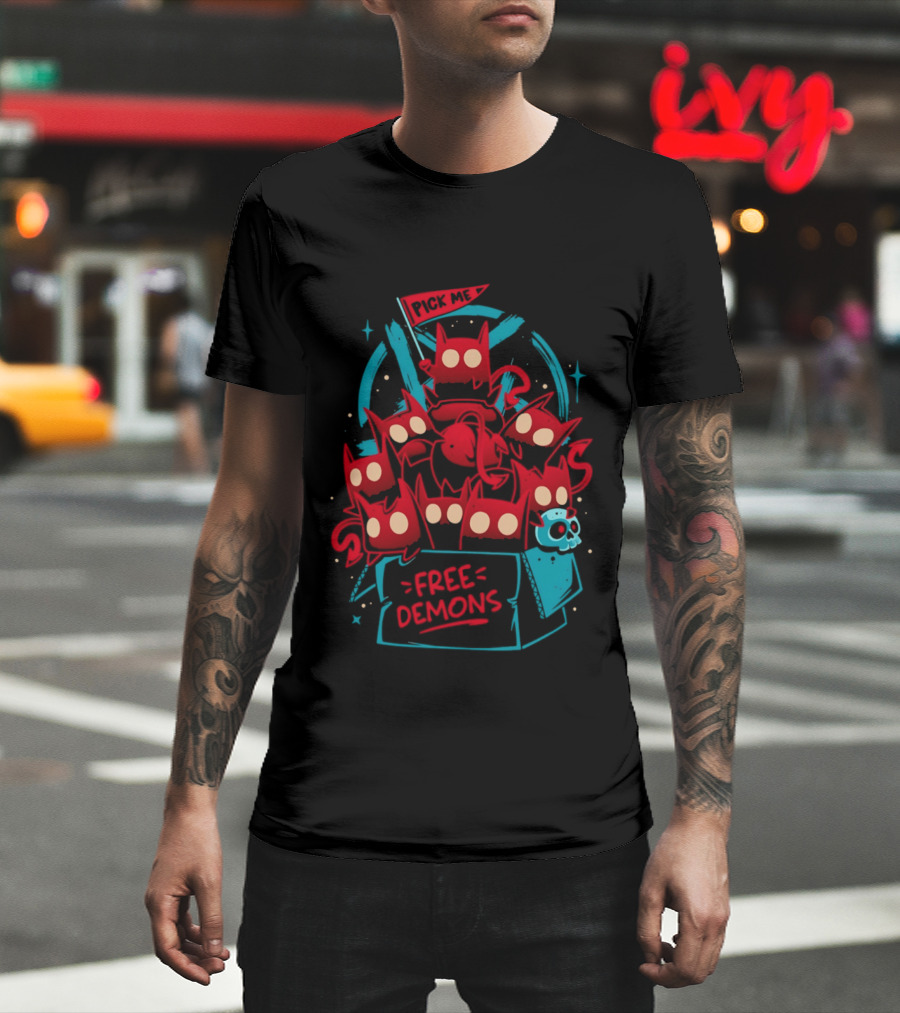 Free Demons Box Pick Me Red Monsters Cute Cartoon T-Shirt