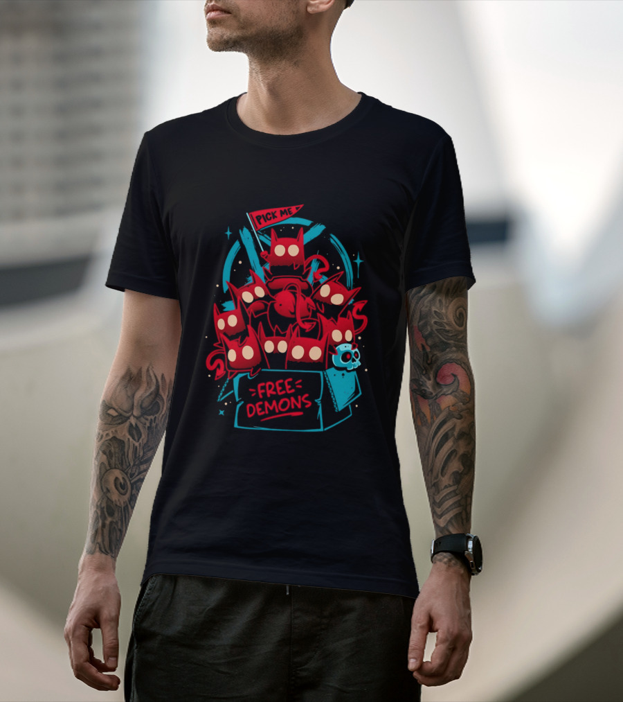 Free Demons Box Pick Me Red Monsters Cute Cartoon T-Shirt