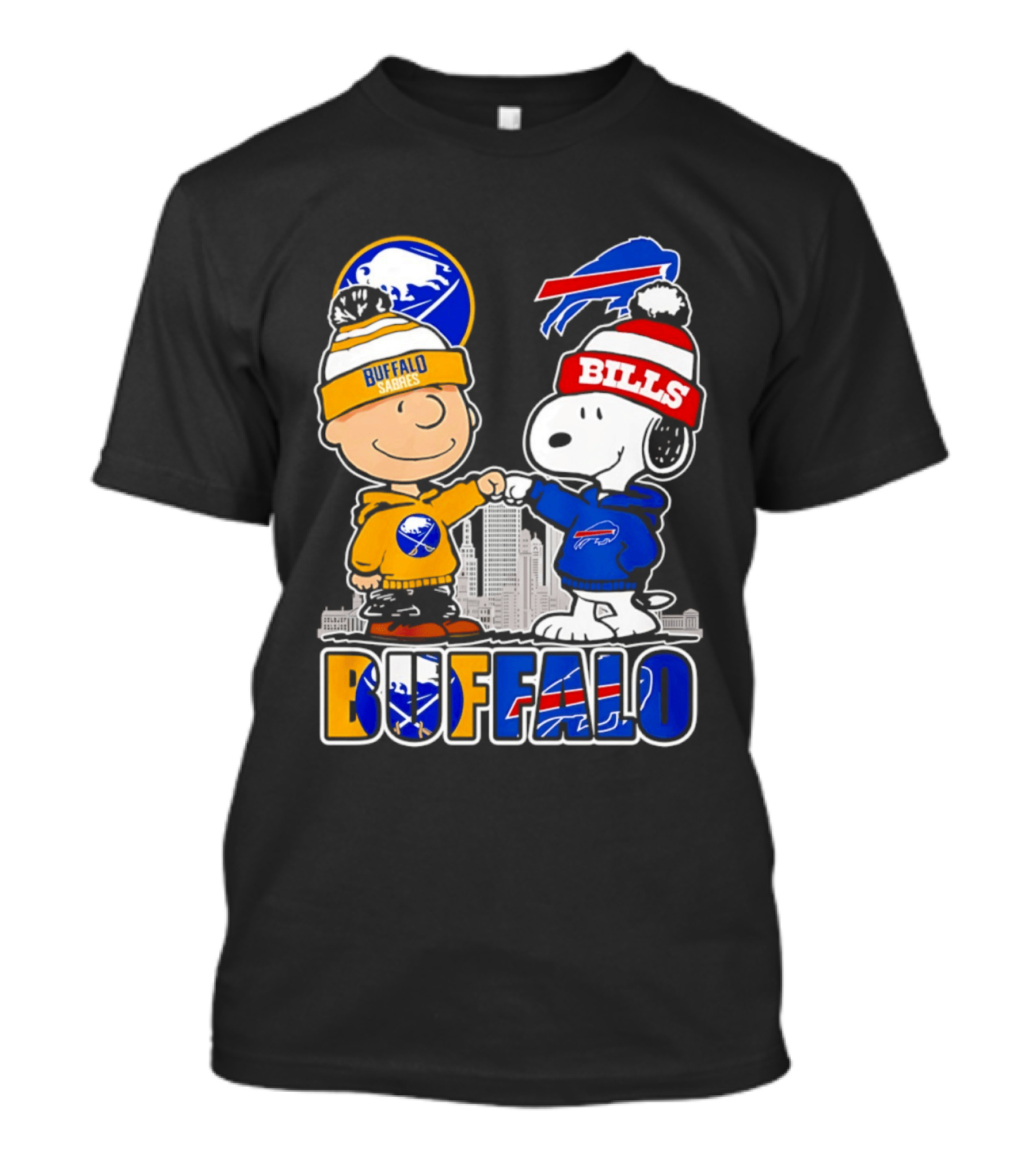 Buffalo Sabres Bills Snoopy City Skyline Collaboration With Charlie Brown T-Shirt