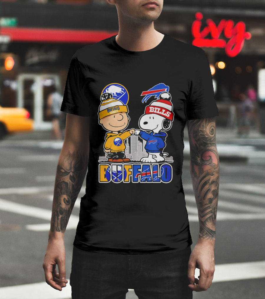 Buffalo Sabres Bills Snoopy City Skyline Collaboration With Charlie Brown T-Shirt