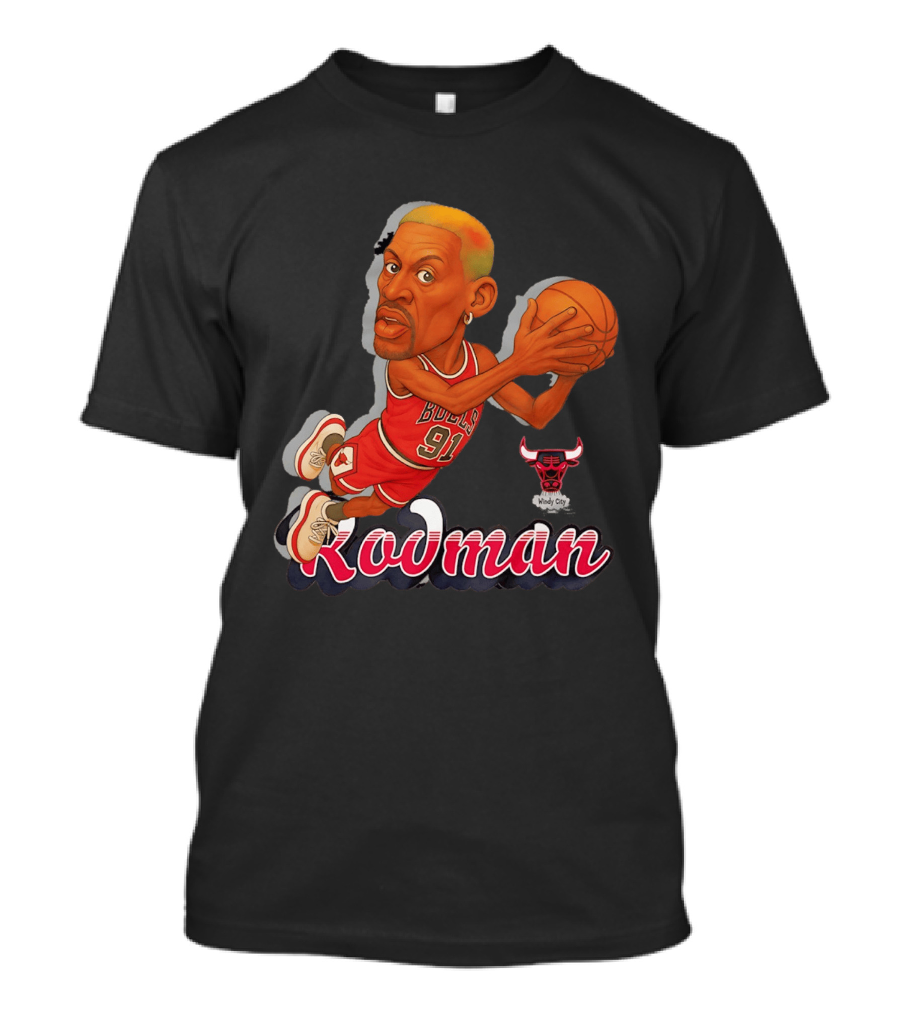 Dennis Rodman Chicago Bulls 91 Fickett Classics Windy City Cartoon T-Shirt