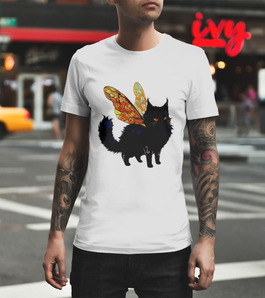 Black Cat With Colorful Fairy Wings Fantastical T-Shirt