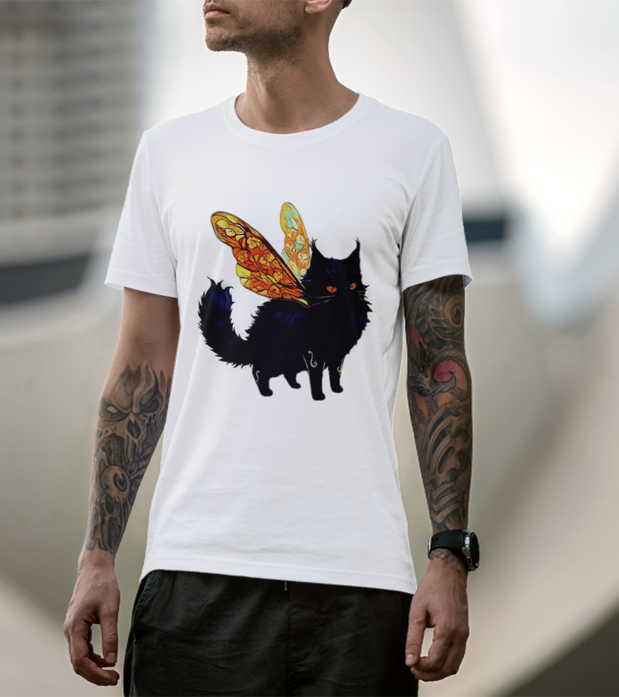 Black Cat With Colorful Fairy Wings Fantastical T-Shirt