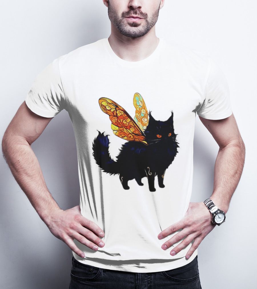 Black Cat With Colorful Fairy Wings Fantastical T-Shirt
