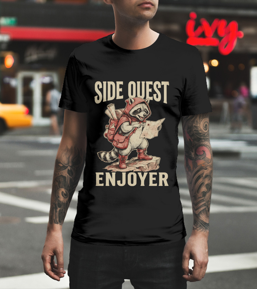 Side Quest Enjoyer Adventurer Raccoon With Map And Backpack T-Shirt