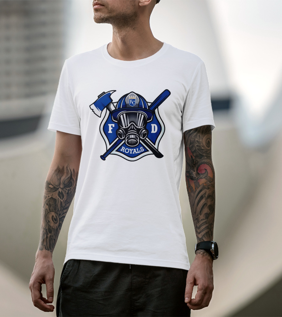 Kansas City Royals Firefighter FD Helmet Gas Mask Axe Bat T-Shirt