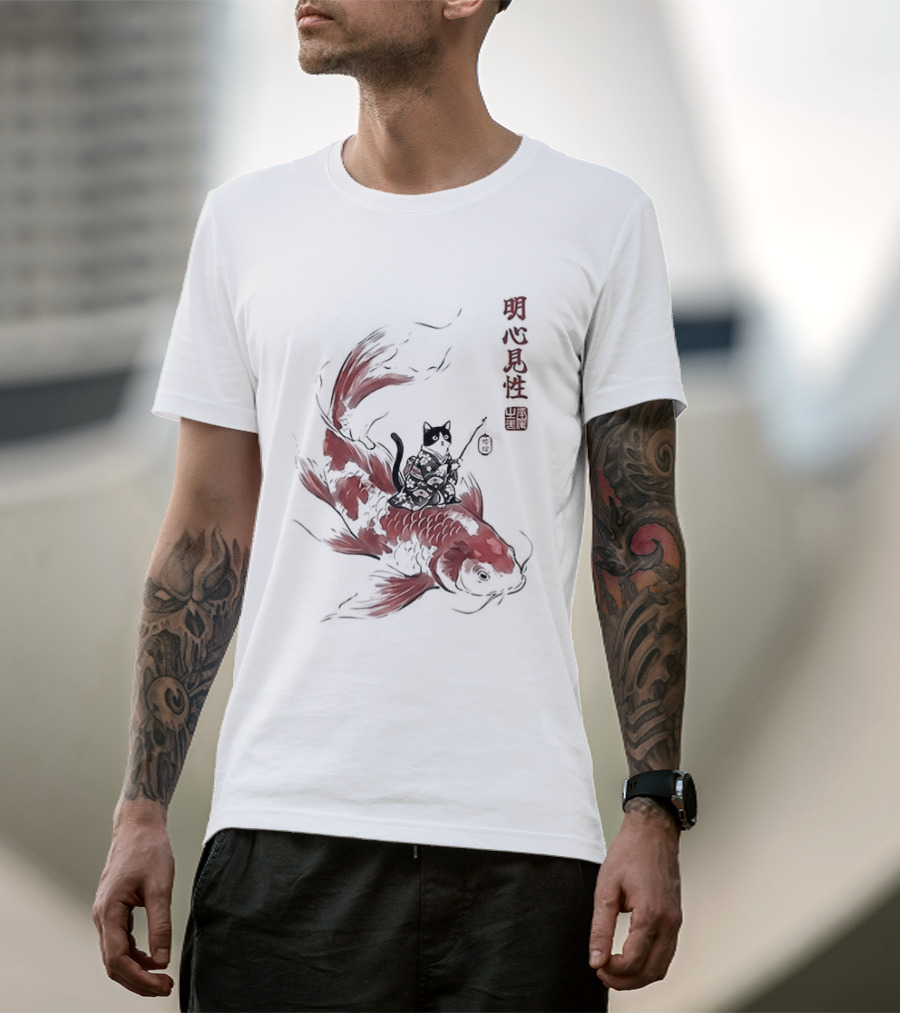 Kimono Cat Riding Koi Fish Classical Japanese T-Shirt