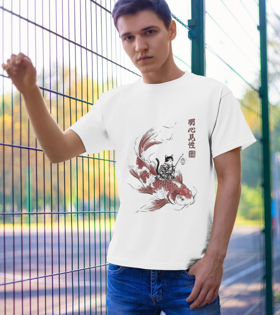 Kimono Cat Riding Koi Fish Classical Japanese T-Shirt