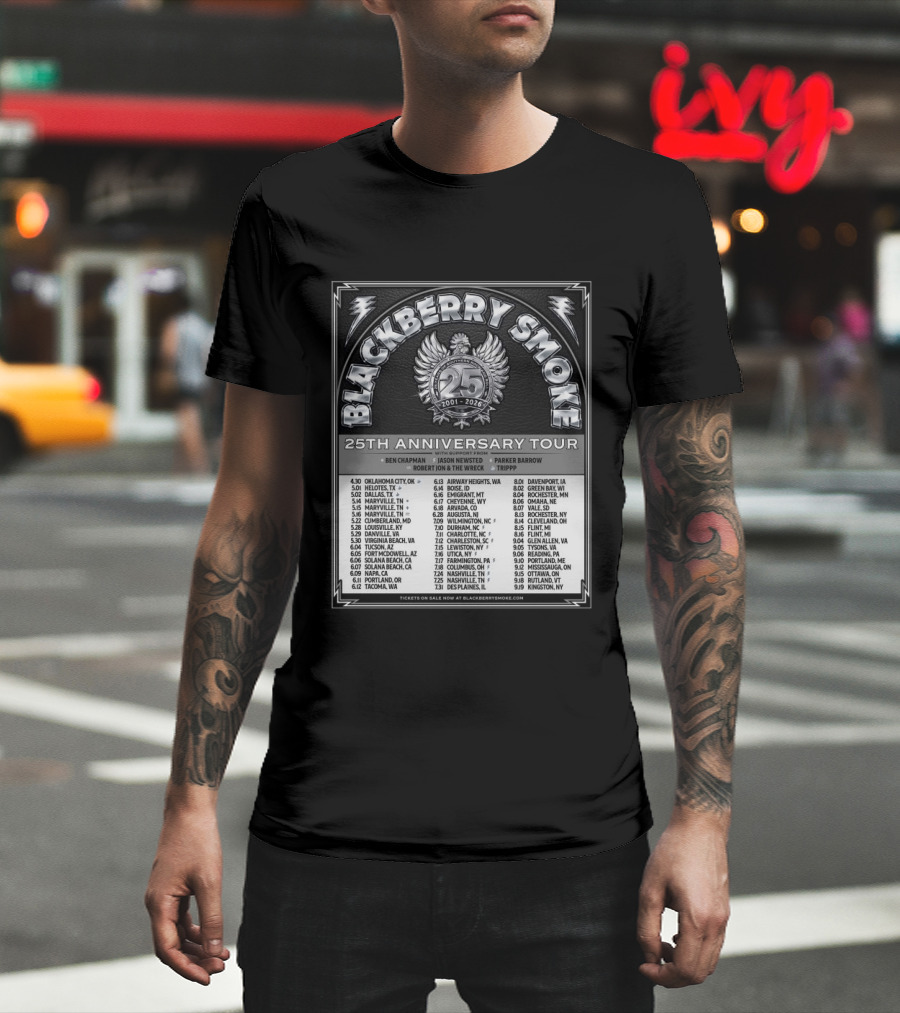 Blackberry Smoke 25th Anniversary Tour 2024 With Ben Chapman And Jason Newsted Featuring Parker Barrow And Robert Jon & The Wreck T-Shirt