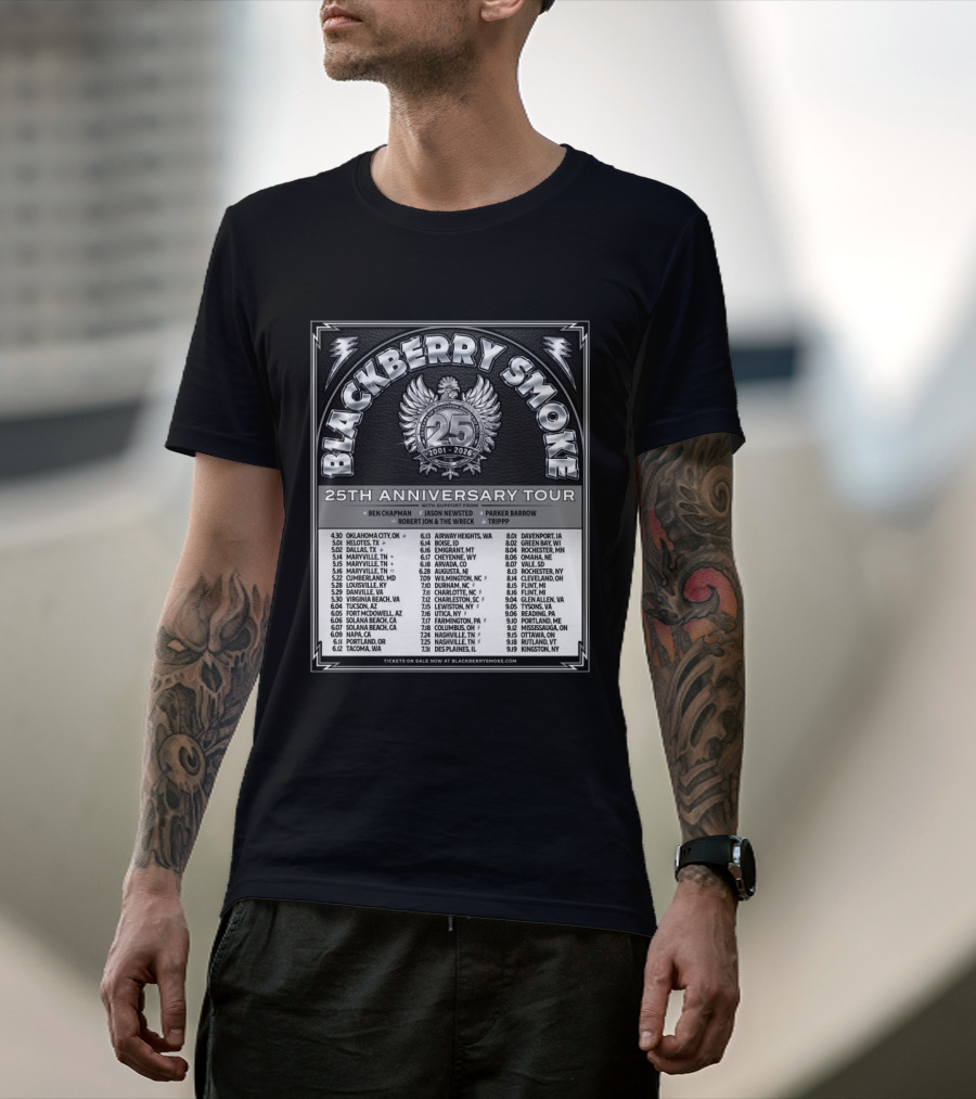 Blackberry Smoke 25th Anniversary Tour 2024 With Ben Chapman And Jason Newsted Featuring Parker Barrow And Robert Jon & The Wreck T-Shirt