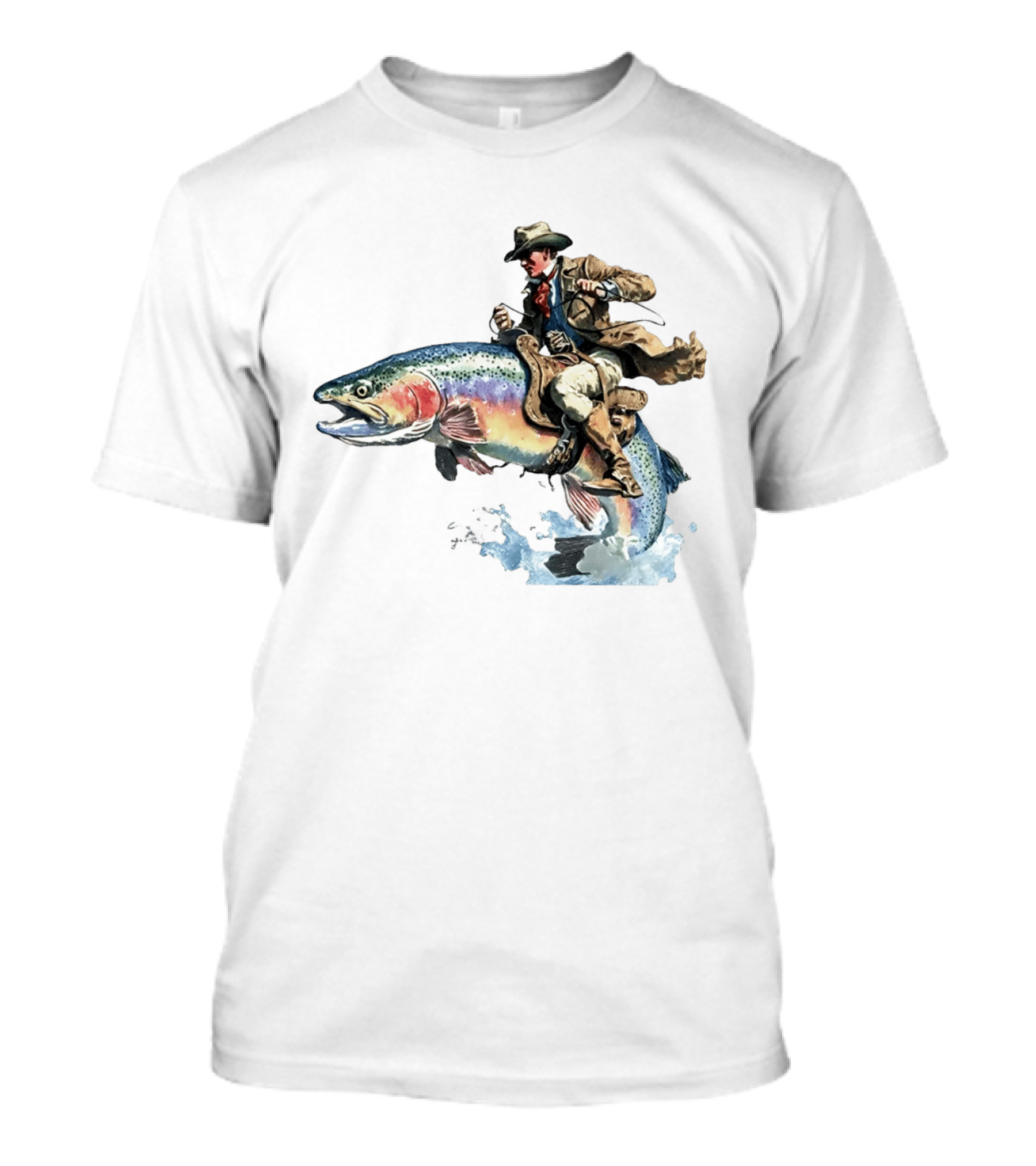 Cowboy Riding Rainbow Trout Adventure Scene T-Shirt