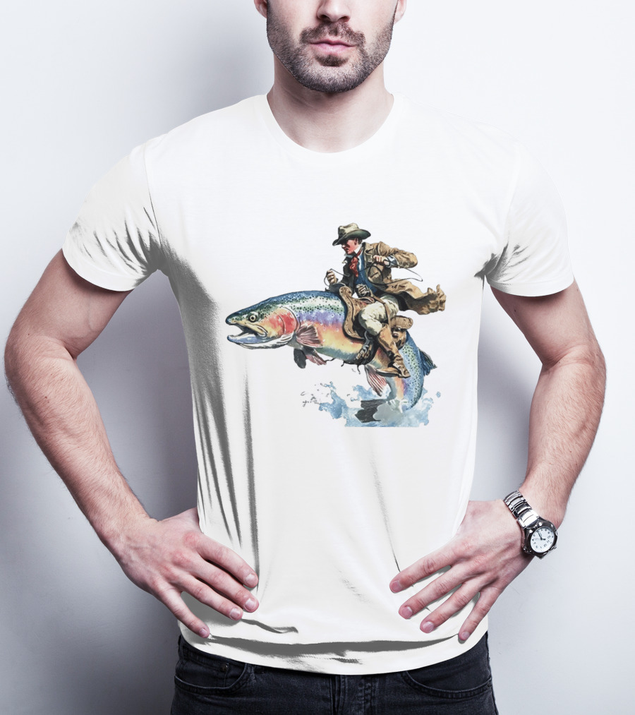 Cowboy Riding Rainbow Trout Adventure Scene T-Shirt
