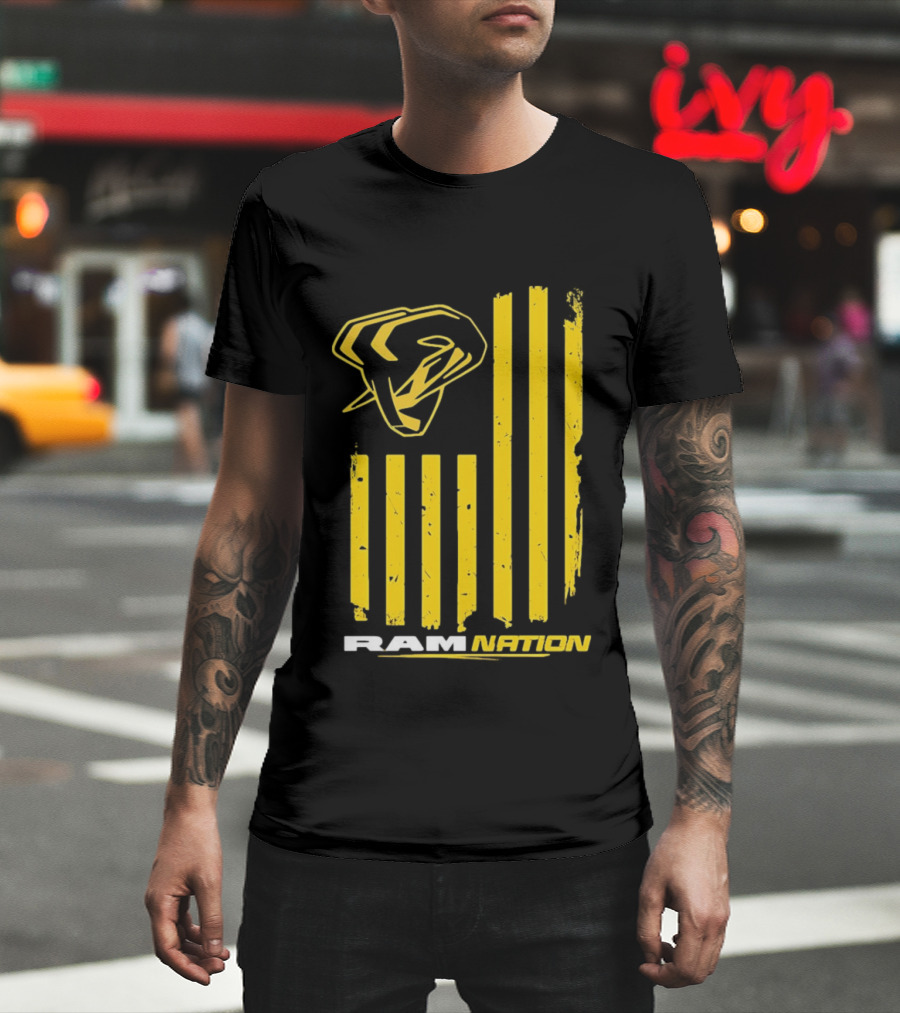 Ram Nation USA Flag Yellow Ram Head Stripes T-Shirt