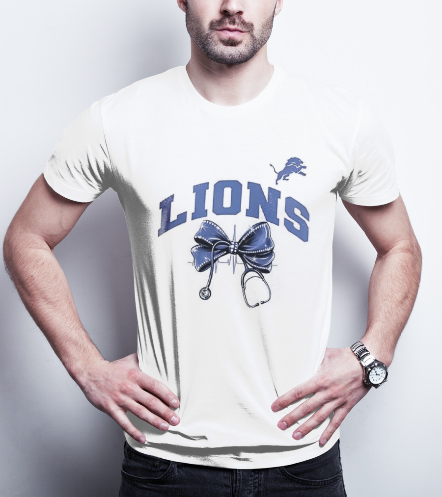 Detroit Lions Nurse By Heart By Soul With Stethoscope And Bow T-Shirt