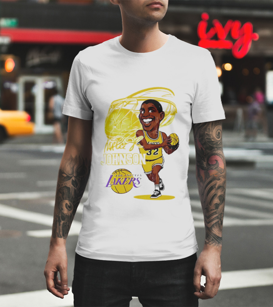 Magic Johnson 32 Los Angeles Lakers Basketball Caricature T-Shirt
