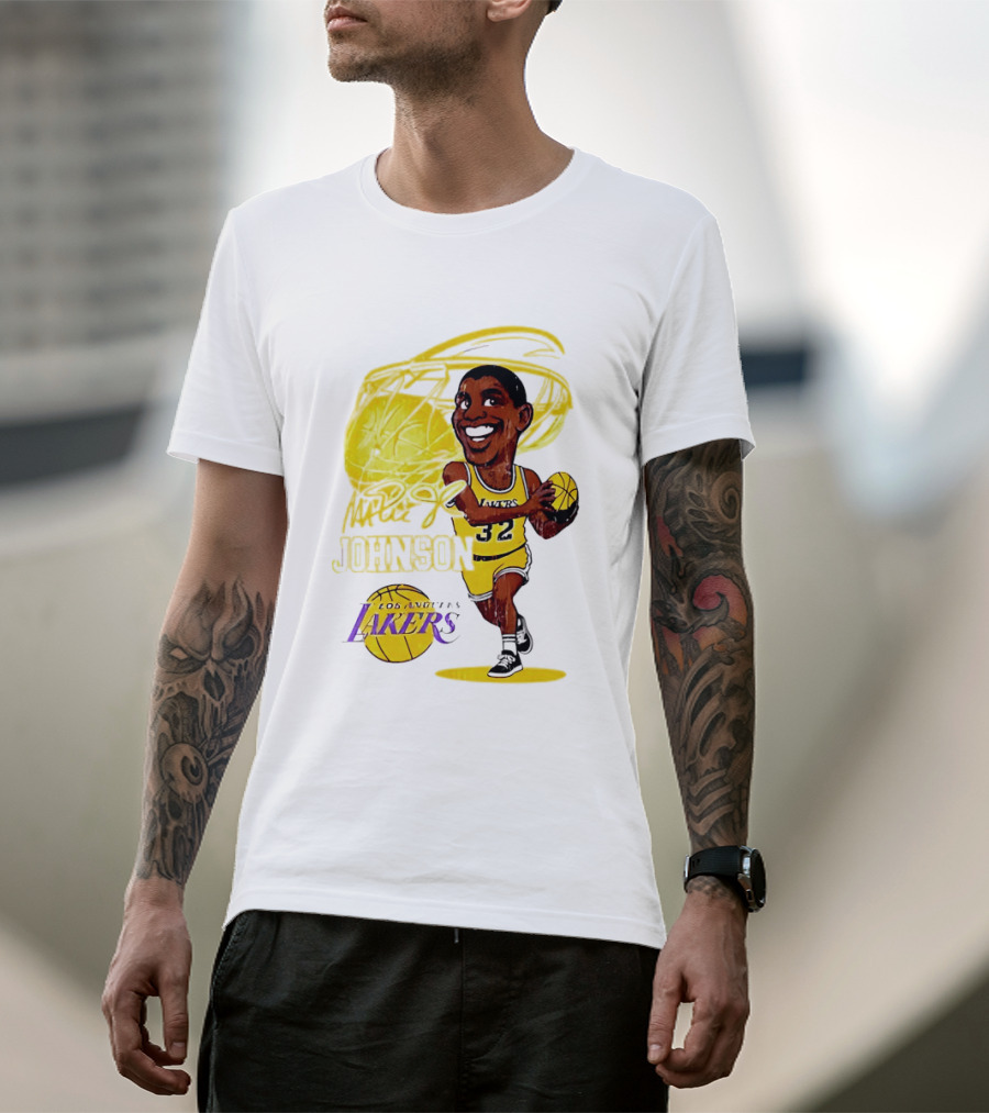 Magic Johnson 32 Los Angeles Lakers Basketball Caricature T-Shirt