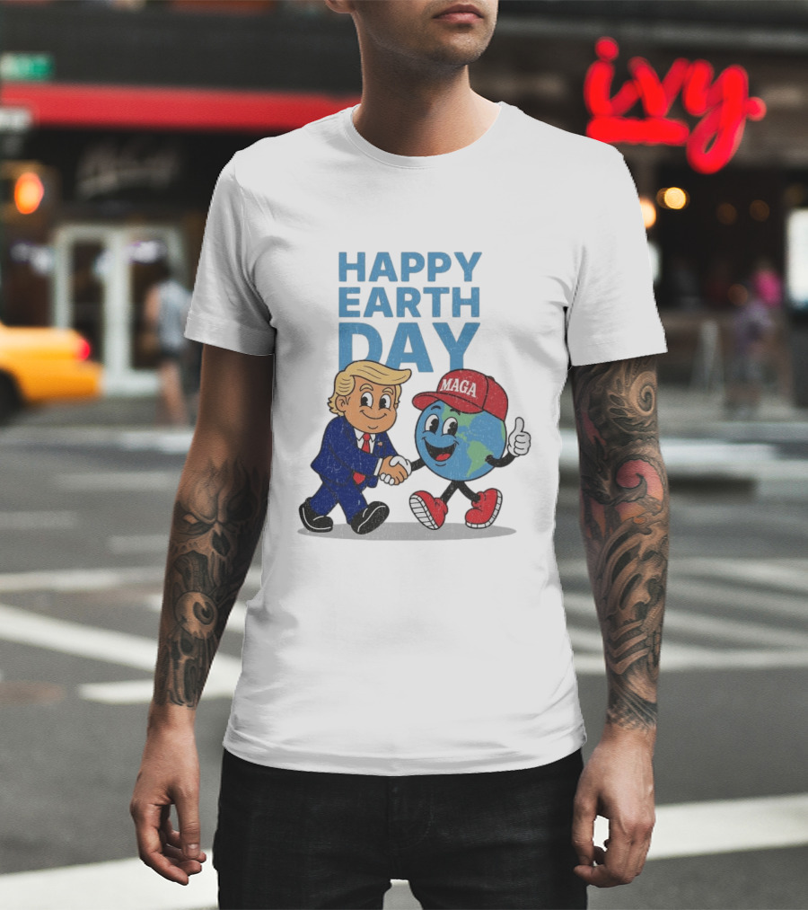Happy Earth Day Trump MAGA Earth Cartoon Shaking Hands T-Shirt