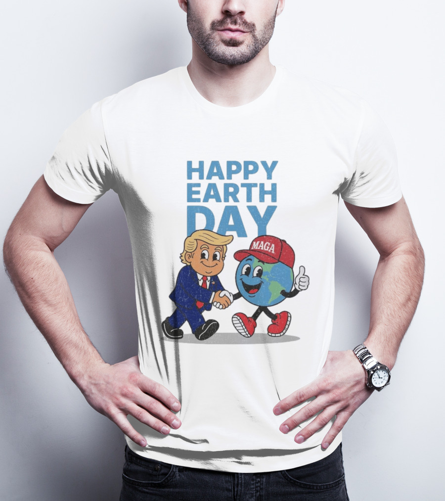 Happy Earth Day Trump MAGA Earth Cartoon Shaking Hands T-Shirt