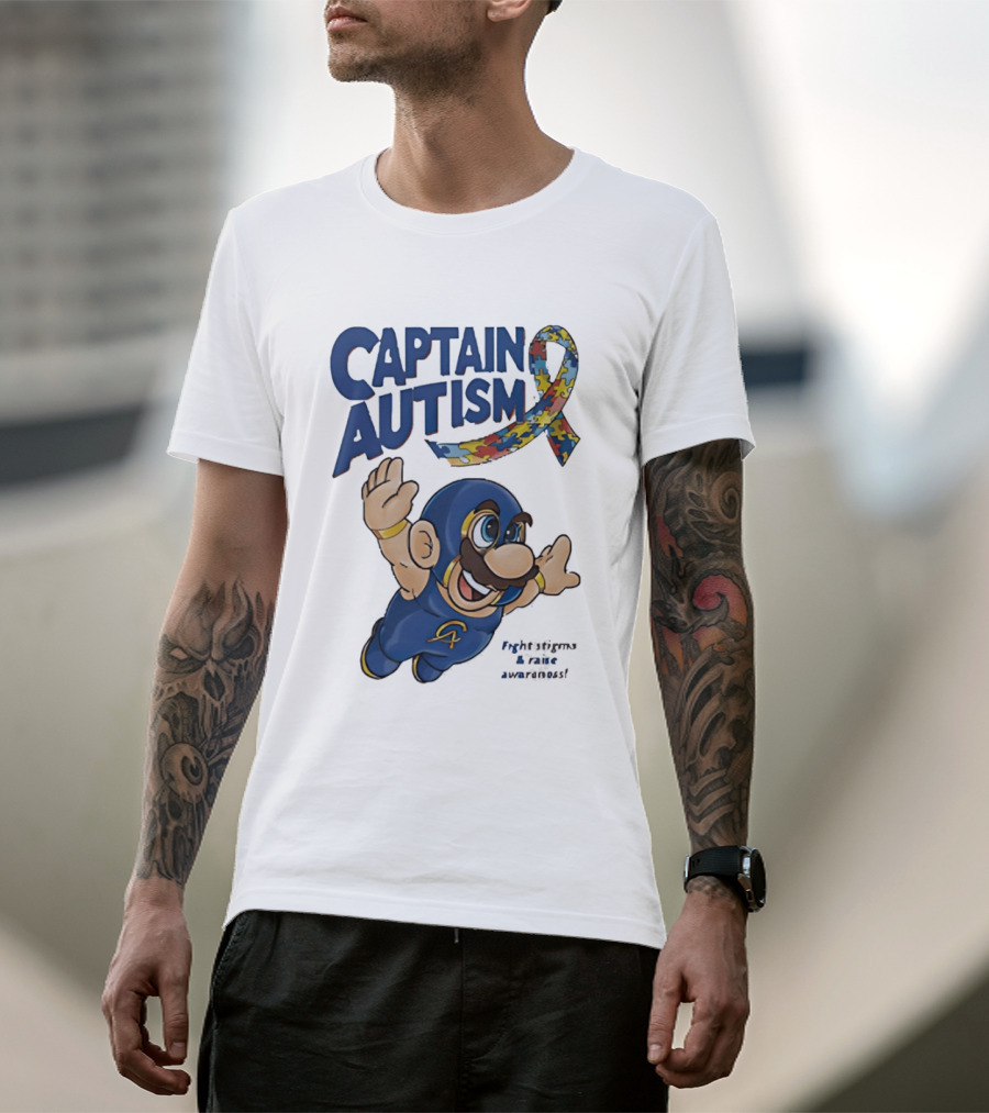 Captain Autism Super Mario Puzzle Ribbon Flying Awareness T-Shirt