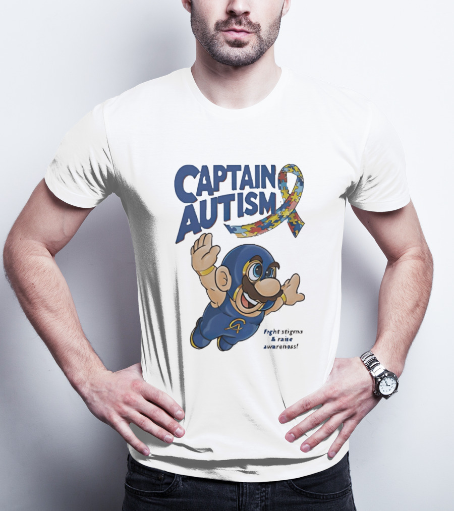 Captain Autism Super Mario Puzzle Ribbon Flying Awareness T-Shirt