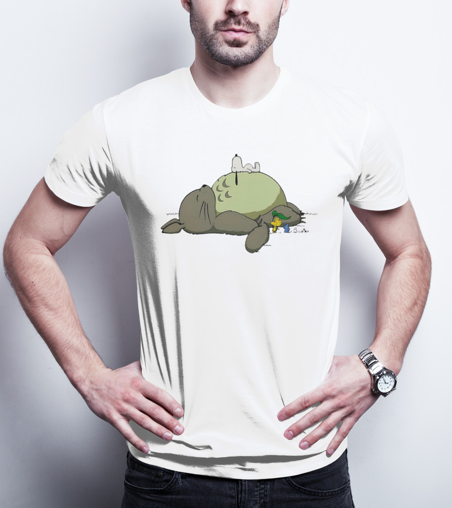 Totoro And Snoopy Sleeping With Woodstock And Classic Cartoon Characters T-Shirt