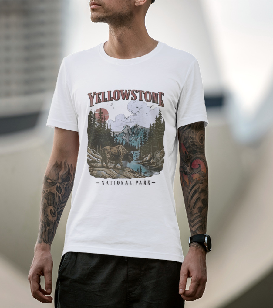 Yellowstone National Park Wild Buffalo By Stream Scenic Landscape T-Shirt