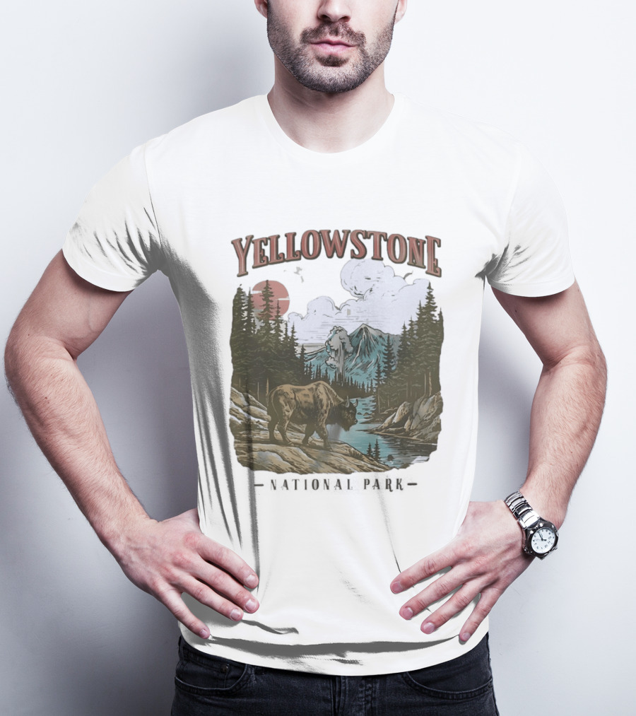 Yellowstone National Park Wild Buffalo By Stream Scenic Landscape T-Shirt