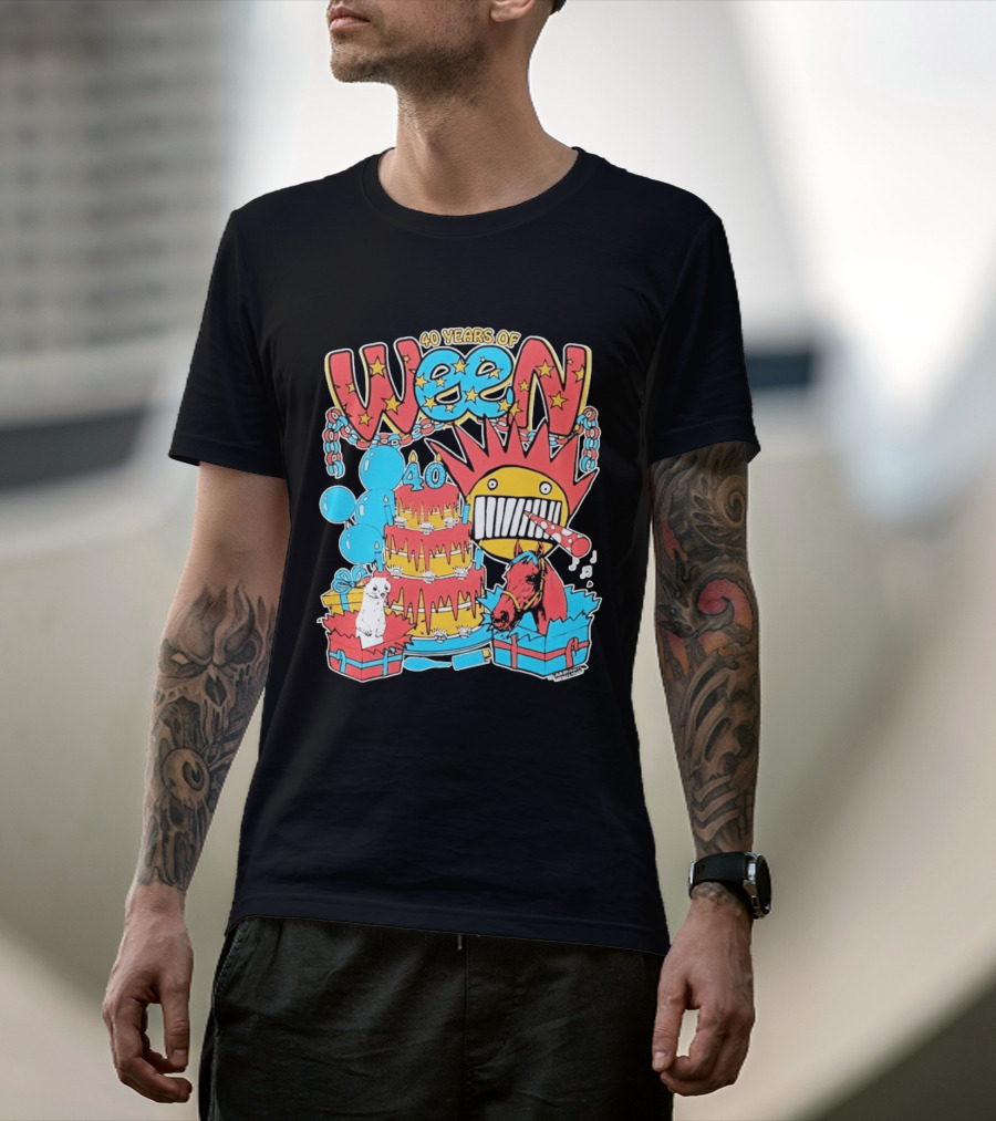 40 Years Of Ween Celebration Cake Balloons Dog Horse Black Sun Mask T-Shirt