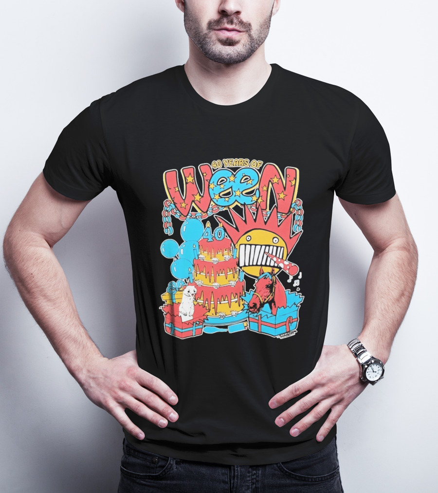 40 Years Of Ween Celebration Cake Balloons Dog Horse Black Sun Mask T-Shirt